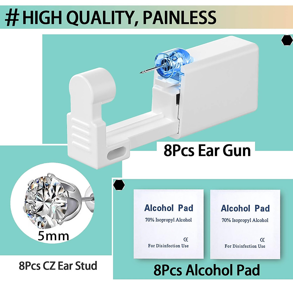 24 Pcs Ear Piercing Kit Disposable Ear Piercing Gun Kit with 8 Pcs Self Piercing Gun and 8 Pcs Earrings Stud 8 Pcs Alcohol Pads