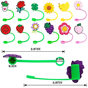 WWYICHEN 12 Pieces Silicone Straw Cover Cute Flowers Plants Fruits Straw Caps Reusable Dust-Proof Straw Cover Drinking Straw Caps for 6-8 mm Straws