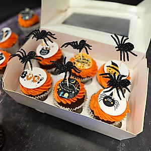 Gyufise 24Pcs Halloween Spider Cupcake Toppers Glitter Black Spider Cupcake Picks Halloween Cupcake Decorations for Halloween Theme Baby Shower Birthday Party Cake Decorations Supplies