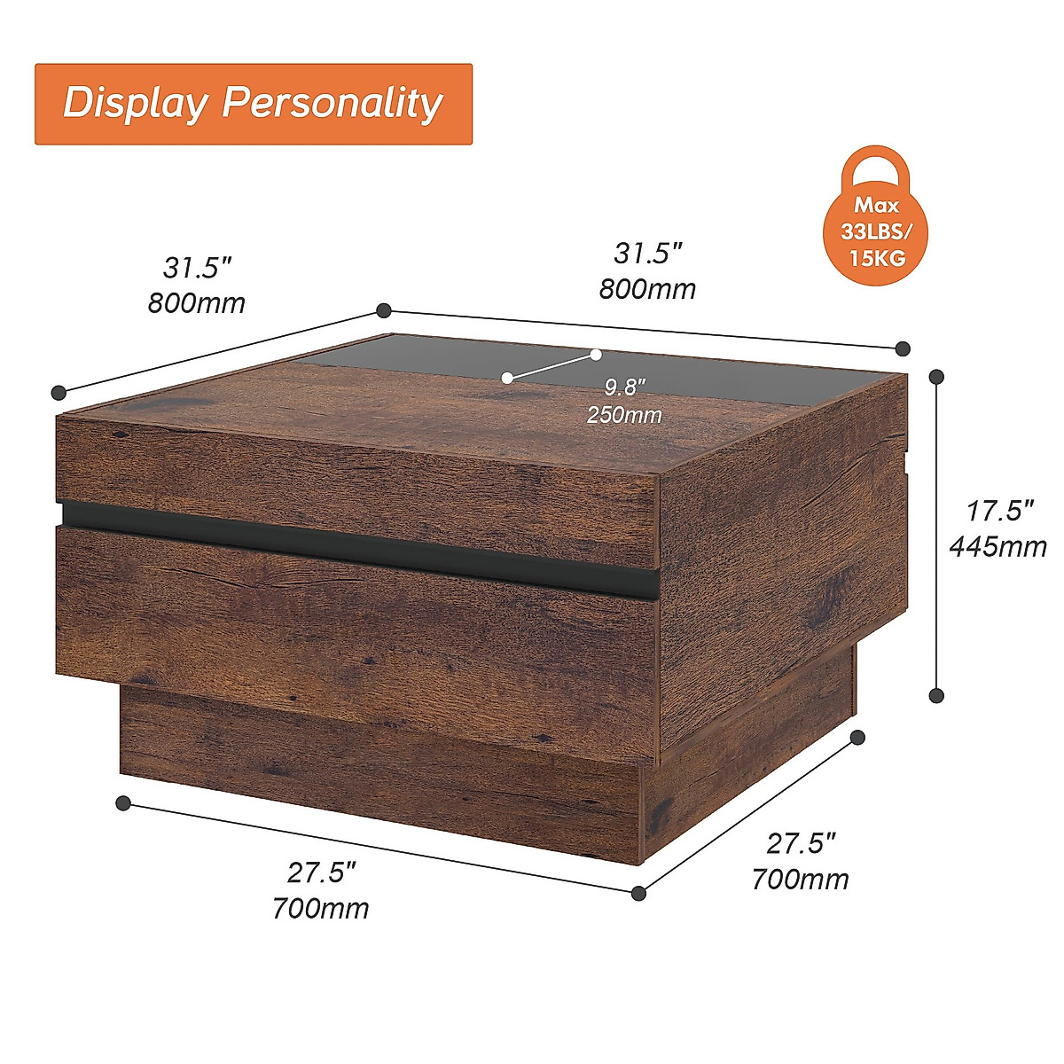 WAMPAT Modern Coffee Table, Square Living Room Coffee Table with Tempered Glass Top and Two Large Storage Drawers, 31.5"x 31.5", Brown