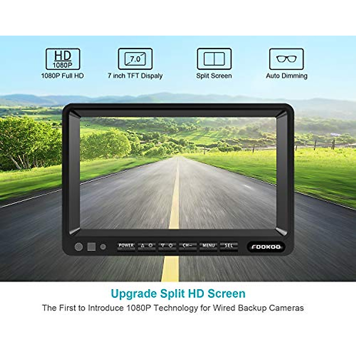 Fookoo Ⅱ 7" 1080P Wired Backup Camera System, 7-inch HD Dual Split Screen Monitor W/Recording IP69 Waterproof Front/Rear View Cameras Parking Lines for Truck/Trailer/RV (FHD2)