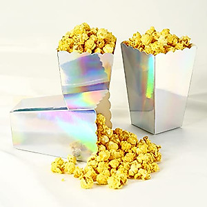 ZebrAnt Iridescent Disposable Popcorn Boxes 6.3 Inches Tall Holographic Rainbow Silver Party Supplies Open-Top Cardboard Paper Popcorn Container for Party Wedding Anniversary Christmas Pack of 12
