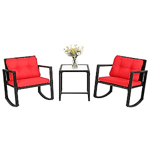 3 Pieces Rocking Bistro Set Wicker Patio Furniture Outdoor Conversation Sets Rattan Rocking Chairs with Red Cushions and Glass Coffee Table for Patio Porch Backyard Balcony Poolside Garden