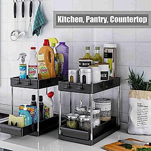 MOUDAO 2 Pack Under Sink Organizers and Storage Bathroom Organizer, 2 Tier Black Under Sink Organizer Cabinet Kitchen Organization Pantry Closet with Pull-Out Drawers, Anti-slip Mats, Hanging Hooks