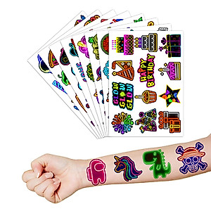 Neon Temporary Tattoos Theme Birthday Party Decorations Supplies Favors Decor 96 PCS 8 Sheets Cute Tattoo Stickers For Children Kids Boys Girls School Gifts Rewards Home Activity