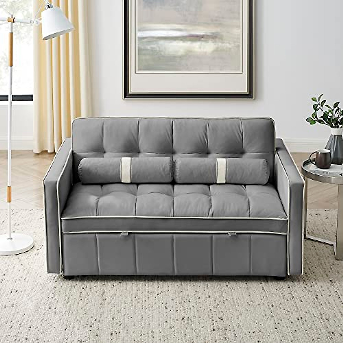 HomSof Modern 55.5" Pull Out Sleep Bed 2 Seater Loveseats Sofa Couch with Side Pockets Adjsutable Backrest and Lumbar Pillows for Apartment Office Living Room, Style E, Grey