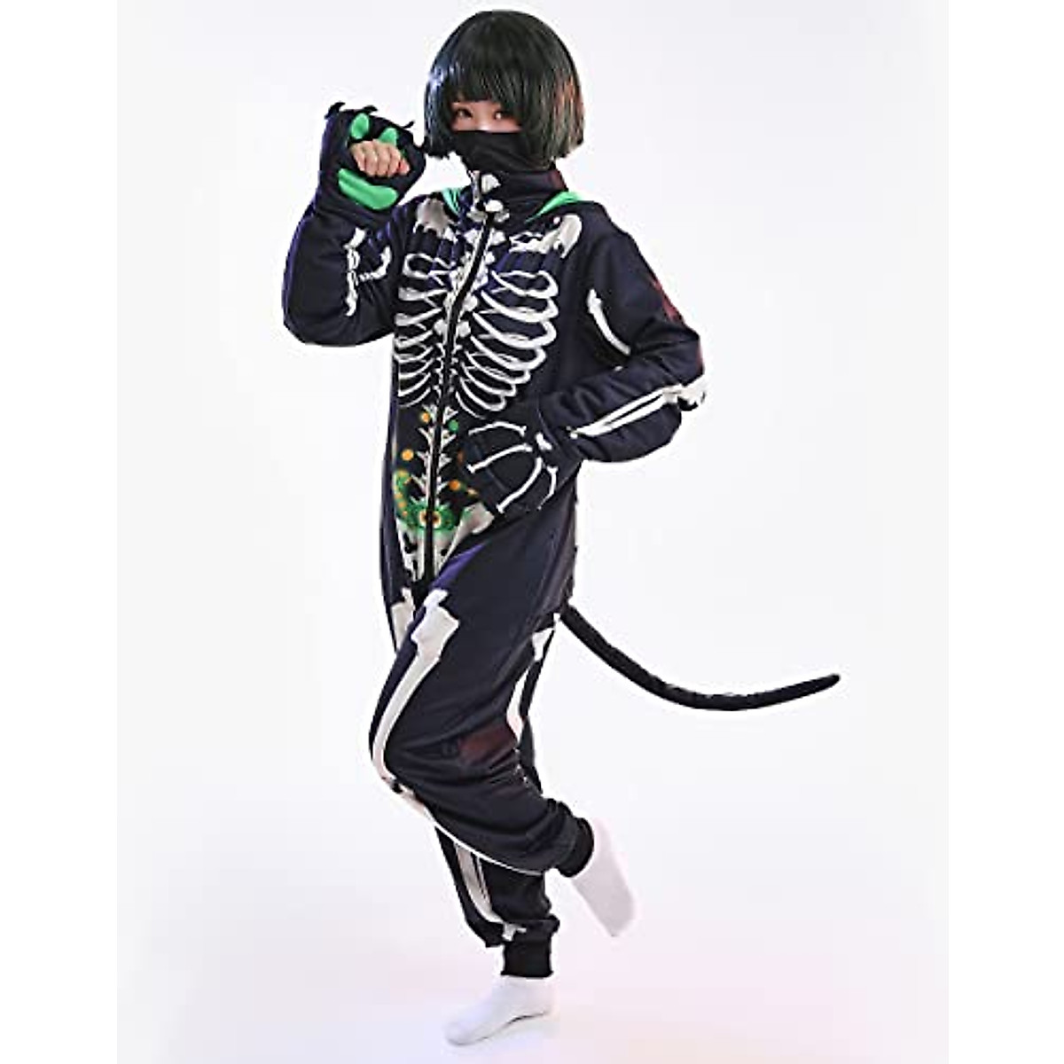 haikyuu Halloween Women Skull Cat Onesie Skeleton Pajama Cosplay Costume Loungewear Hooded Kigurumi Jumpsuit Homewear (large, cat green and black)