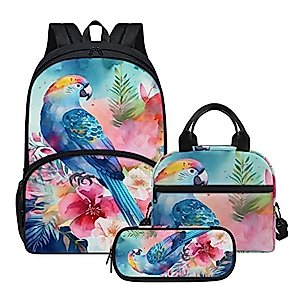 Parprinty Blue Floral Bird Parrot Backpack Set for Girls Kids Lightweight Cute School Backpack with Lunch Box Pencil Case Adjustable Strap Padded Book Bag Insulated Lunch Bag