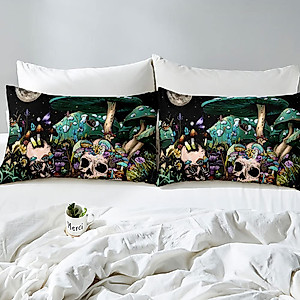 LUVIVIHOME 3PCS Teal Mushroom Bedding, Sugar Skull Duvet Cover King Bedding, Black Galaxy Moon Skeleton Wildflower Botanical Plant Fungus Aesthetic Green Mushroom Comforter Quilt Cover, 2 Pillow Shams