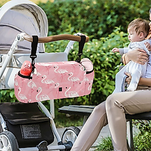MCHIVER Pink Flamingo Illustration Baby Stroller Organizer with Adjustable Straps Non-slip Stroller Caddy with Cup Holders Large Capacity Stroller Bag for Diaper Toys Storage