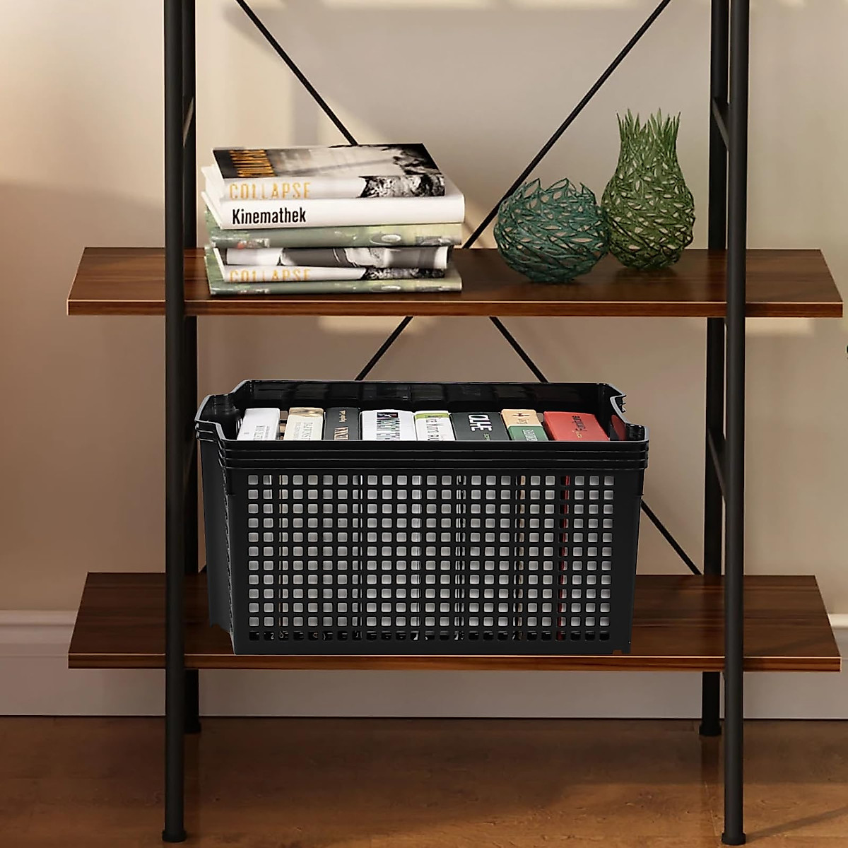 CadineUS 6-Pack Stackable Open Storage Baskets, Large Plastic Cupboard Baskets, Black