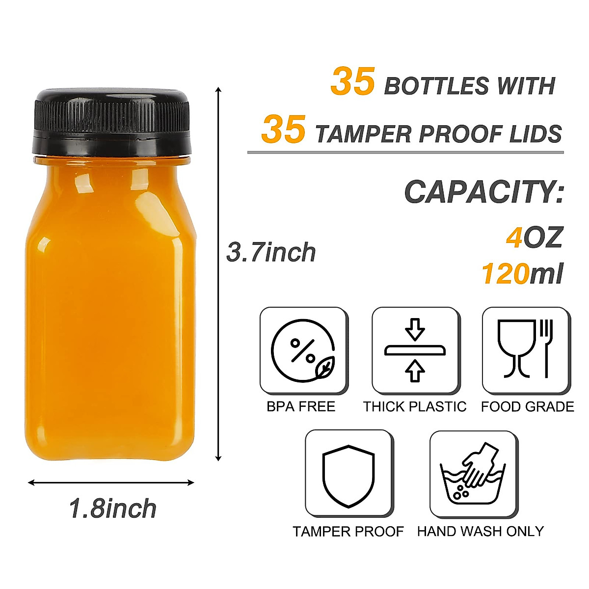 TOMNK 4oz Plastic Juice Bottles, 35pcs Shot Bottles with Caps, Reusable Clear Bottles with Label, Funnel and Brush Beverage Containers Bulk with Lids for Juicing, Smoothies, Drinking