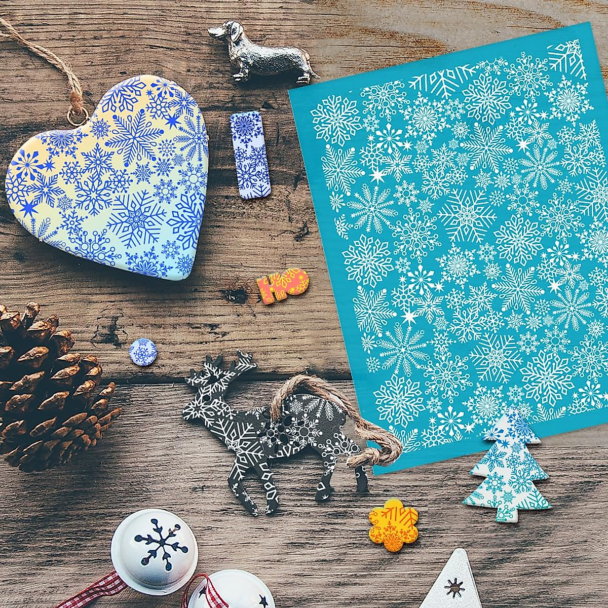 OLYCRAFT 4x5 Inch Clay Stencils Snowflake Pattern Silk Screen for Polymer Clay Christmas Snowflake Silk Screen Stencils Mesh Transfer Stencils Mesh Stencil for Polymer Clay Jewelry Making