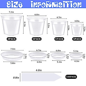 Ioffersuper 18-Pack Nursery Pots Clear Pots with 18 Tray, 4 Sizes Plastic Pots for Transplant and Seedlings Starter Plants Planting Pots, 100 Pcs of Plant Labels