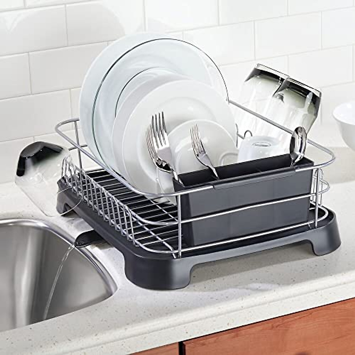 mDesign Alloy Steel Sink Dish Drying Rack Holder w/Plastic Swivel Spout Drainboard Tray - Dish Rack/Dish Drainer Storage Organizer for Kitchen Counter - Holds Plates, Concerto Collection, Silver/Black