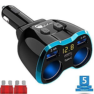 USB C Car Charger, Cigarette Lighter Splitter Adapter 2 Socket Type C Multi Power Outlet 12V/24V 80W DC with LED Voltmeter Switch 5.8A Dual USB Port for Mobile Cell Phone GPS Dash Cam