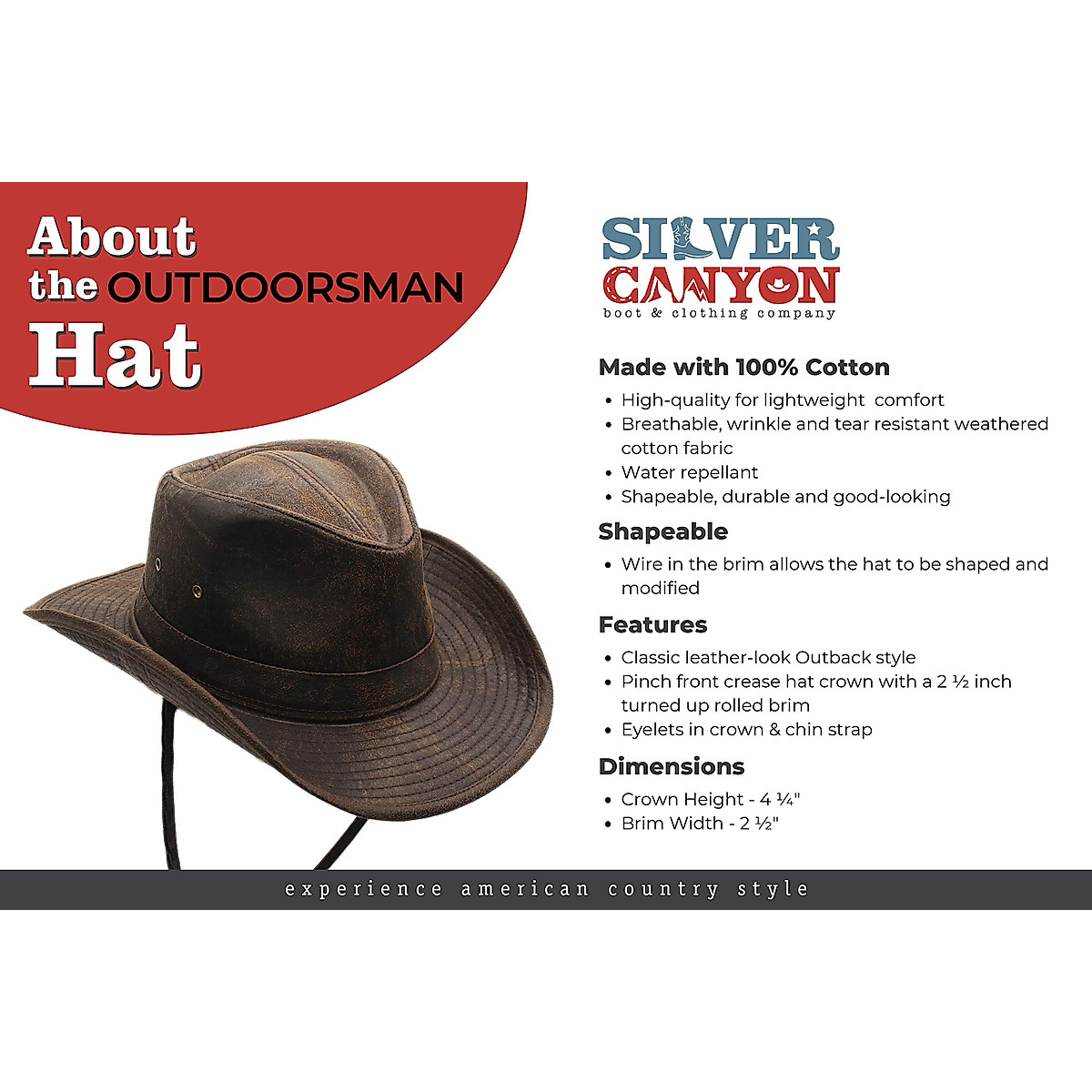 Weathered Outback Outdoorsmen Shapeable Hat, Silver Canyon, Brown, Large