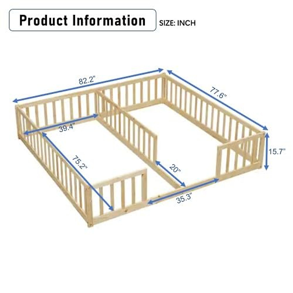 PVWIIK Twin Size Double Montessori Bed for Kids, Girls, Boys Bedroom,Twin Floor Bedframe w/Fence,Easy Assembly & No Box Spring Needed, Natural