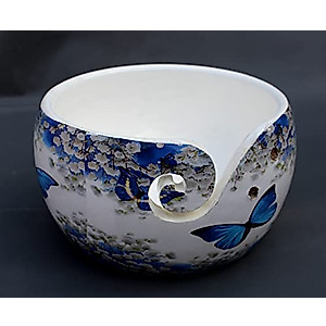 Handmade Wooden Yarn Bowl Crocheting Bowl Round Knitting Wool Storage Yarn Bowl Handmade with Holes with Crochet Hooks for Crocheting Knitting DIY Crafts Tools (Butterfly)