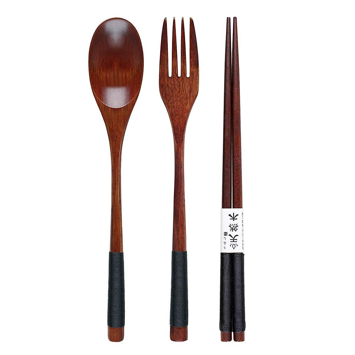 Wooden Chopsticks Spoon Fork Set Japanese Style Tableware Travel Utensils with Pouch for Camping,Picnic,Office or Home (Style A)