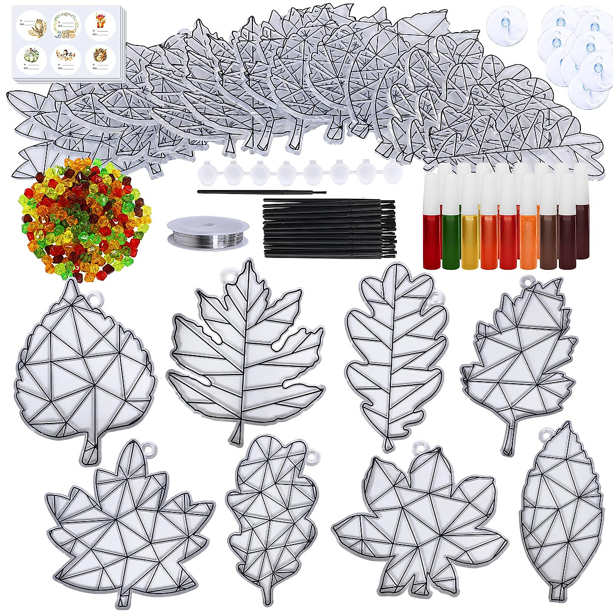 Winlyn 24 Sets Fall Leaf Suncatchers Ornaments Decorations DIY Window Paint Art Suncatchers Craft Kits Autumn Maple Leaf Sun Catchers for Kids Classroom Thanksgiving Harvest Party Art Project