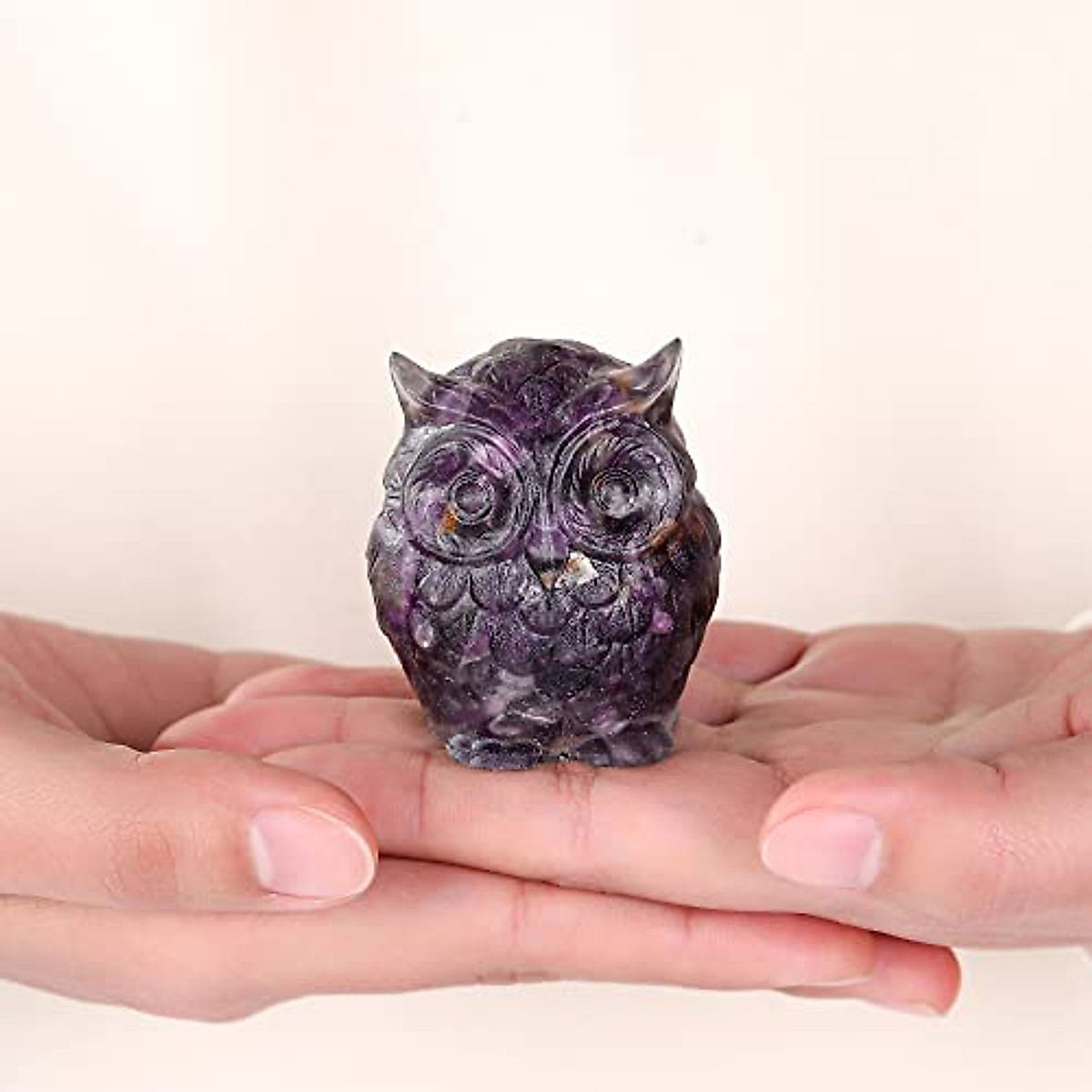 Reyife Hand-Carved Natural Crystal Owl Statue Reiki Healing Gemstone Animal Figurines Home Office Car Decoration Attract Good Luck The Best Gifts 2 inches(Amethyst)