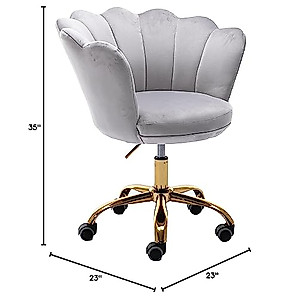 ZOBIDO Comfy Home Office Task Chair with Wheels, Cute Modern Upholstered Velvet Seashell Back Adjustable Swivel Vanity Desk Chair, for Women, for Girls, Living Room, Bedroom (Grey)