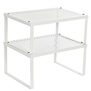 SONGMICS Cabinet Shelf Organizers, Stackable, Expandable, Set of 2 Metal Kitchen Counter Shelves, White UKCS01WT