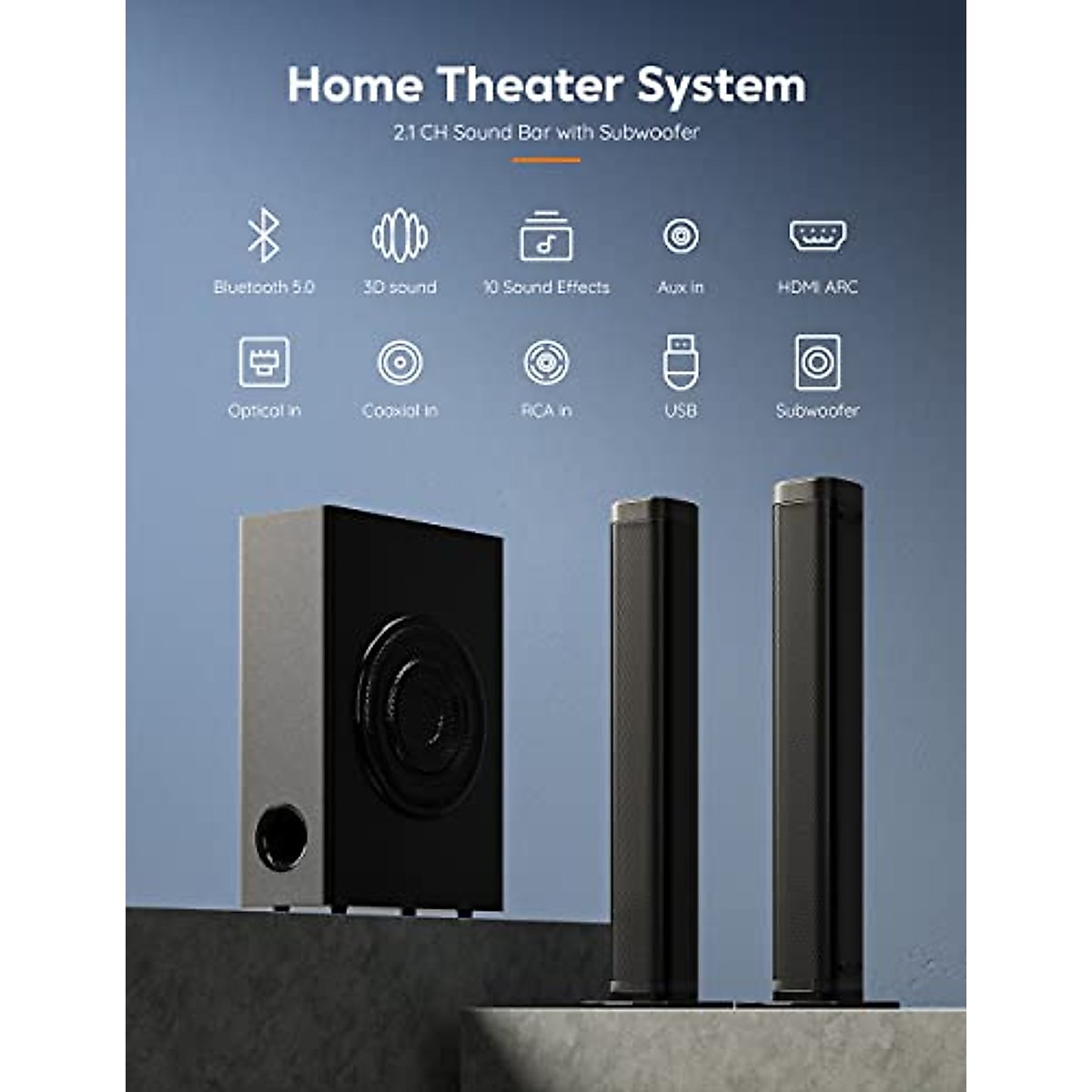 GEOYEAO Sound Bars for TV with Subwoofer, 2.1ch Home Audio Soundbar & 3D & Deep Bass Subwoofer | Bluetooth & Multi-Connection | 2-in-1 Detachable Design | TV Surround Sound Speaker System