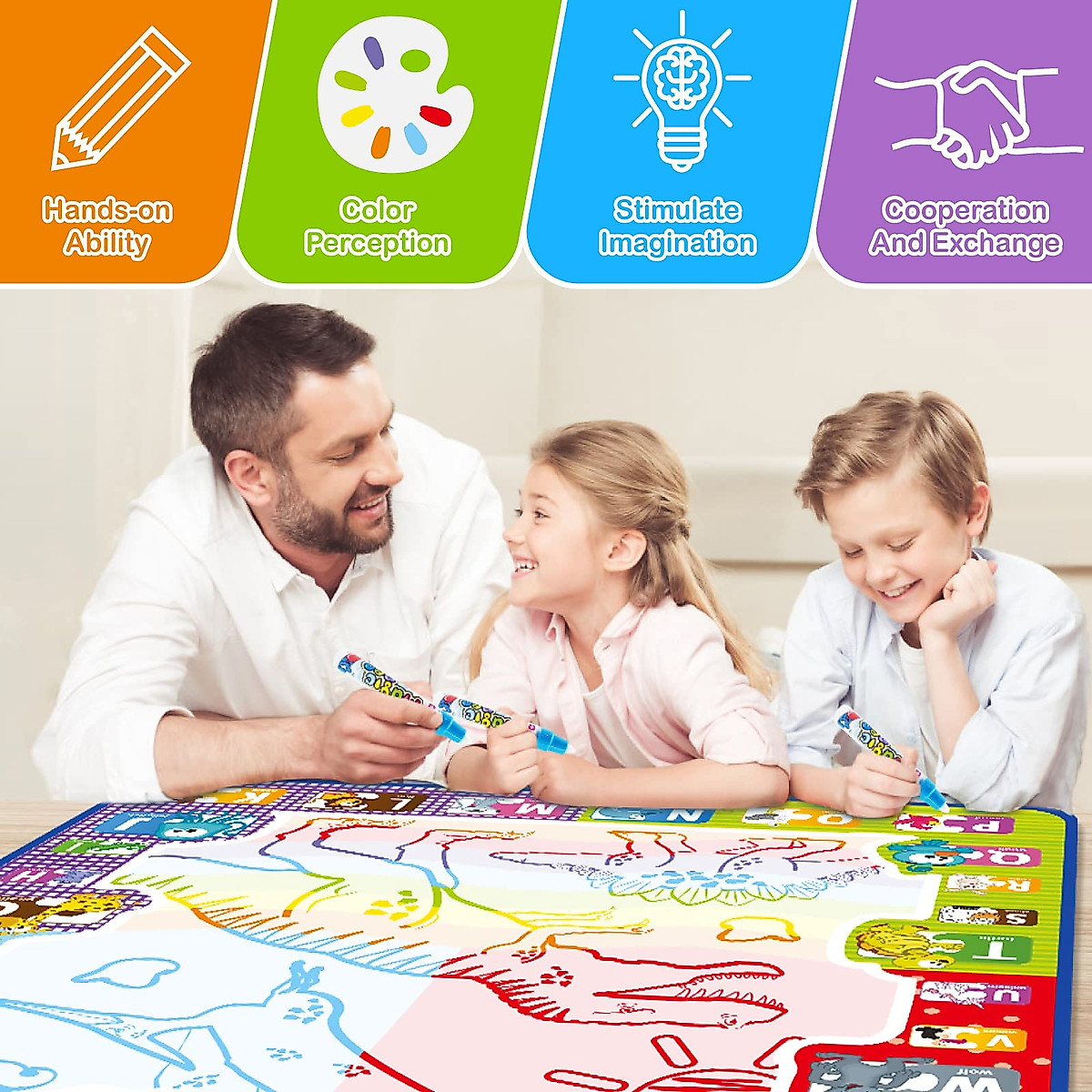 Jasonwell Aqua Water Doodle Mat 31x31 Inches Large Magic Drawing Doodling Mat Coloring Mat Educational Toys Christmas Birthday Gifts for Kids Toddler Boys Girls Age 2 3 4 5 6 7 8 Year Old (Alphabet)