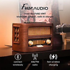 Fuse Vint Vintage Retro Radio | Wireless Charging Pad | AM/FM Radio Speaker with Bluetooth & AUX Input | Mid Century Modern Style | Real Handcrafted Ashtree Wood Exterior