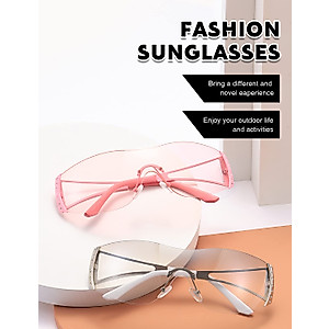 TIANYESY Y2K Sunglasses For Women Men Fashion Shield Rimless Wrap Around Sunglass Gradient Lens Trendy Oversize Sun Glasses (Silver+Pink)