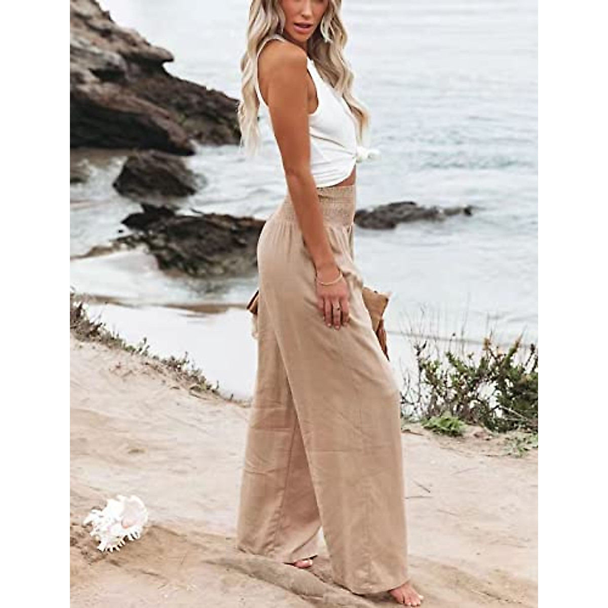 Mingzhu Women's Cotton Linen Loose Fit Palazzo Pants Casual High Waist Stretchy Wide-Leg Trousers with Pockets (0546-Khaki-L)