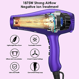 Wazor 3rd Generation Lightweight Low Noise Hair Dryer,(1875W Tourmaline Ceramic Negative Ionic Blow Dryer 2 Speed 3 Heat Settings Cool Shot with Diffuser Concentrator(Purple)