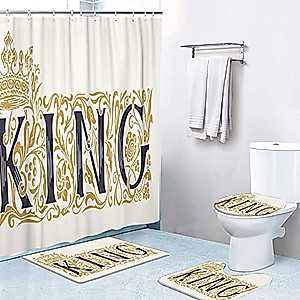 LOKMU 4 Pcs Shower Curtain Set Beautiful Vintage Royal King Logo Symbol Luxury Design with Crown with Non-Slip Rugs Toilet Lid Cover and Bath Mat Waterproof with 12 Hooks Bathroom Decor Set 72" x 72"