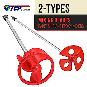 TCP Global 2 Types of Paint, Epoxy Resin, Mud Power Mixer Blade Drill Tools for Mixing Quarts to 2.5 Gallon Buckets - 14" Long, 1/4" Round and 5/16" Hex Shafts, 2.5" and 3" Plastic Paddles - Stirring