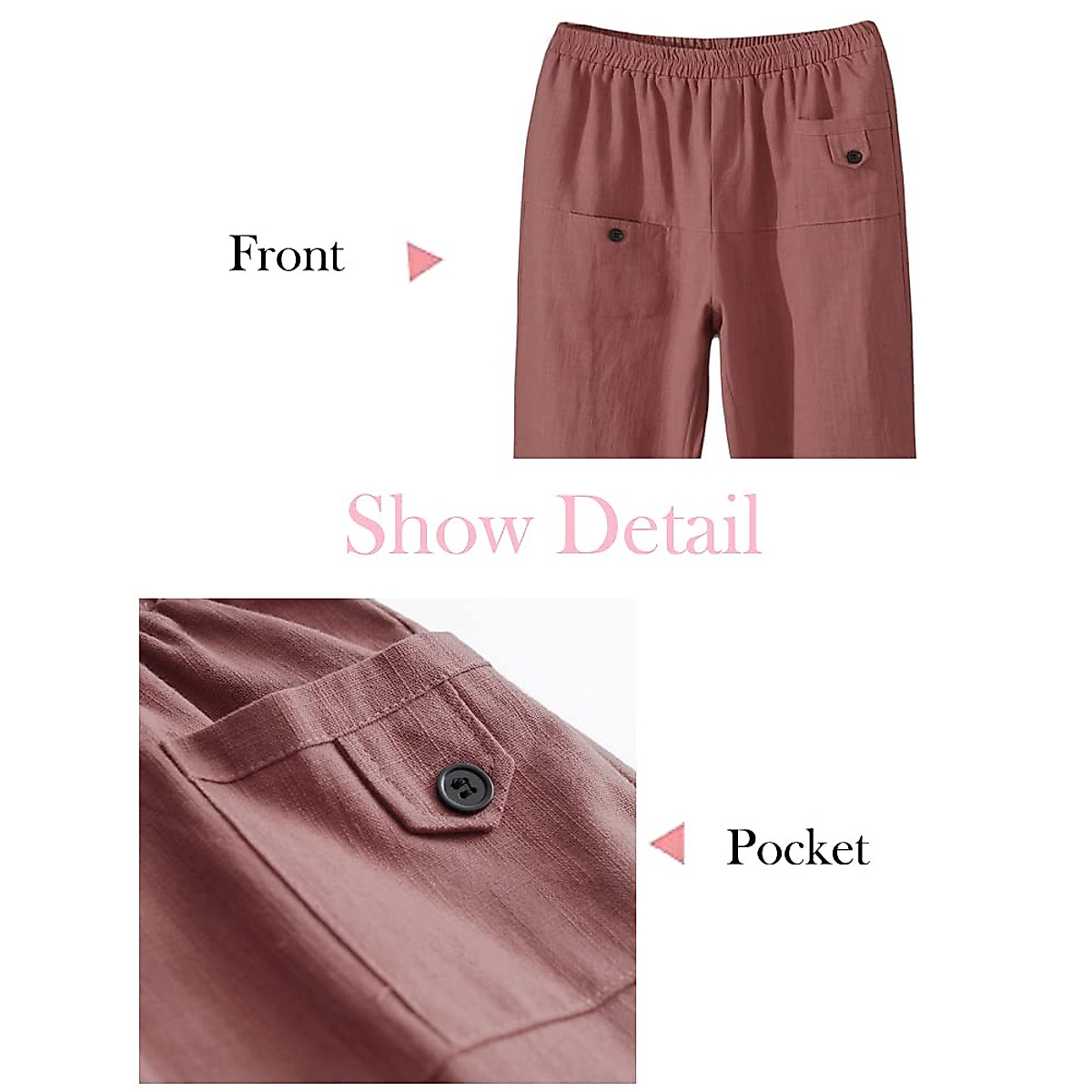 Minibee Women's Elastic Waist Casual Crop Linen Pull On Pants Wine 2XL