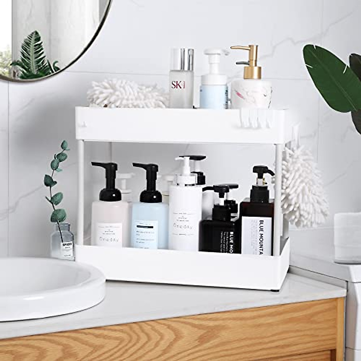 C&AHOME Under Sink Organizers, 2-Tier Kitchen Bathroom Storage Cabinet with Hooks, Counter top Storage Rack, Cabinet Organizer Baskets, Multipurpose Storage Shelf Ideal for Kitchen, Bathroom, White