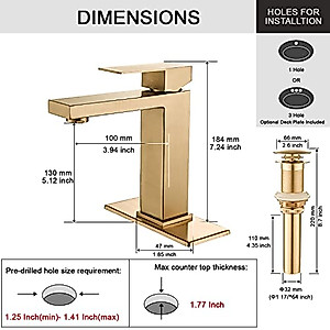 AVSIILE Brushed Gold Bathroom Faucet, Golden Single Hole Vanity Bath Faucet, Single Handle Modern Stainless Steel Bathroom Faucets for Sink 1 Hole with Pop Up Drain Stopper & Water Supply Hoses