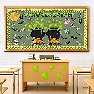 CPicdn 132Pcs Halloween Classroom Bulletin Board Decoration Set, Halloween Cauldron What’s Brewing Decoration Spider Bat Moon Cutouts Trick or Treat Party Supplies for School Classroom Home Wall Decor