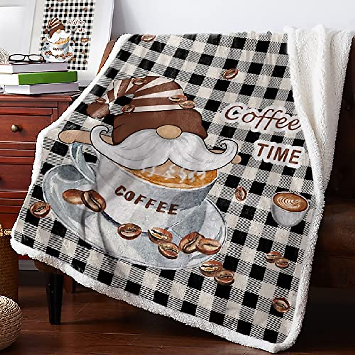 Sherpa Fleece Throw Blanket,Coffee Gnome Black Checker Retro Linen Soft Reversible Flannel Throws for Couch Sofa Bed,Dwarf Espresso Warm Cozy Blankets for Travel,Camping,Home Decor 40x50In