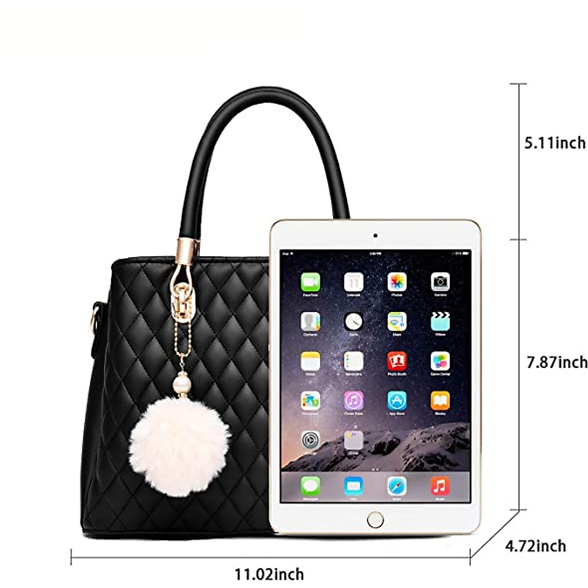 Womens Leather Handbag Purses Top Handle Quilted Shoulder Bag Totes Satchel for Ladies with Pompon