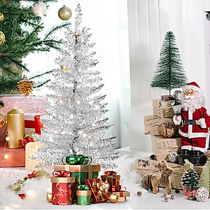 Liguanow 4ft Artificial Christmas Tree with Lights, Indoor & Outdoor Christmas Tree with 50 Warm White Lights, Xmas Pine Tree for Home Office Party Decor, Silver Tinsel