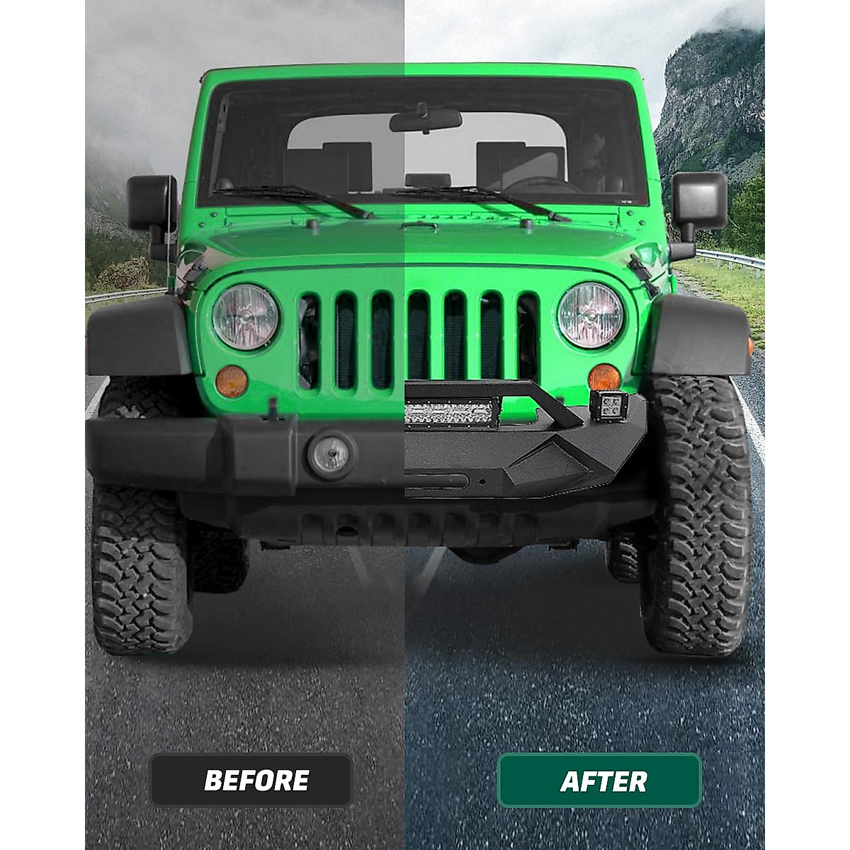 SCITOO Rront Bumper and Rear Bumper w/Tire Carrier Textured Black fit for 2007-2018 for Jeep Wrangler JK Rock Crawler Bumper w/Winch Plate with D-ring & LED Strip Light and LED Lights