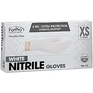 ForPro Professional Collection Disposable Nitrile Gloves, Chemical Resistant, Powder-Free, Latex-Free, Non-Sterile, Food Safe, 4 Mil, White, X-Small, 100-Count