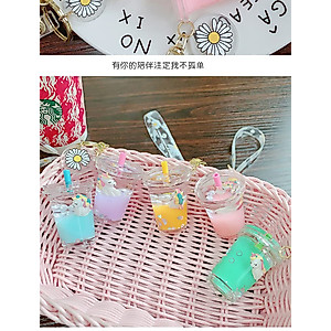 HSYHERE Girls Women Creative Beautiful Romantic Floating Unicorn Milk Tea Cup Keychain Keyrings, Moving Sand Help Relax Car Key Chain Key Ring Bag Pendant Key Holder Daisy Flower Strap Bell -Pink