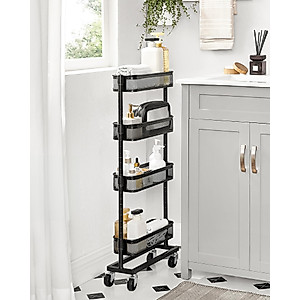 SONGMICS Slim Storage Cart, 4-Tier Metal Rolling Cart with Wheels, Flexible Baskets, Narrow Cart for Kitchen, Bathroom, Laundry Room, Easy Assembly, Black UBSC065B01