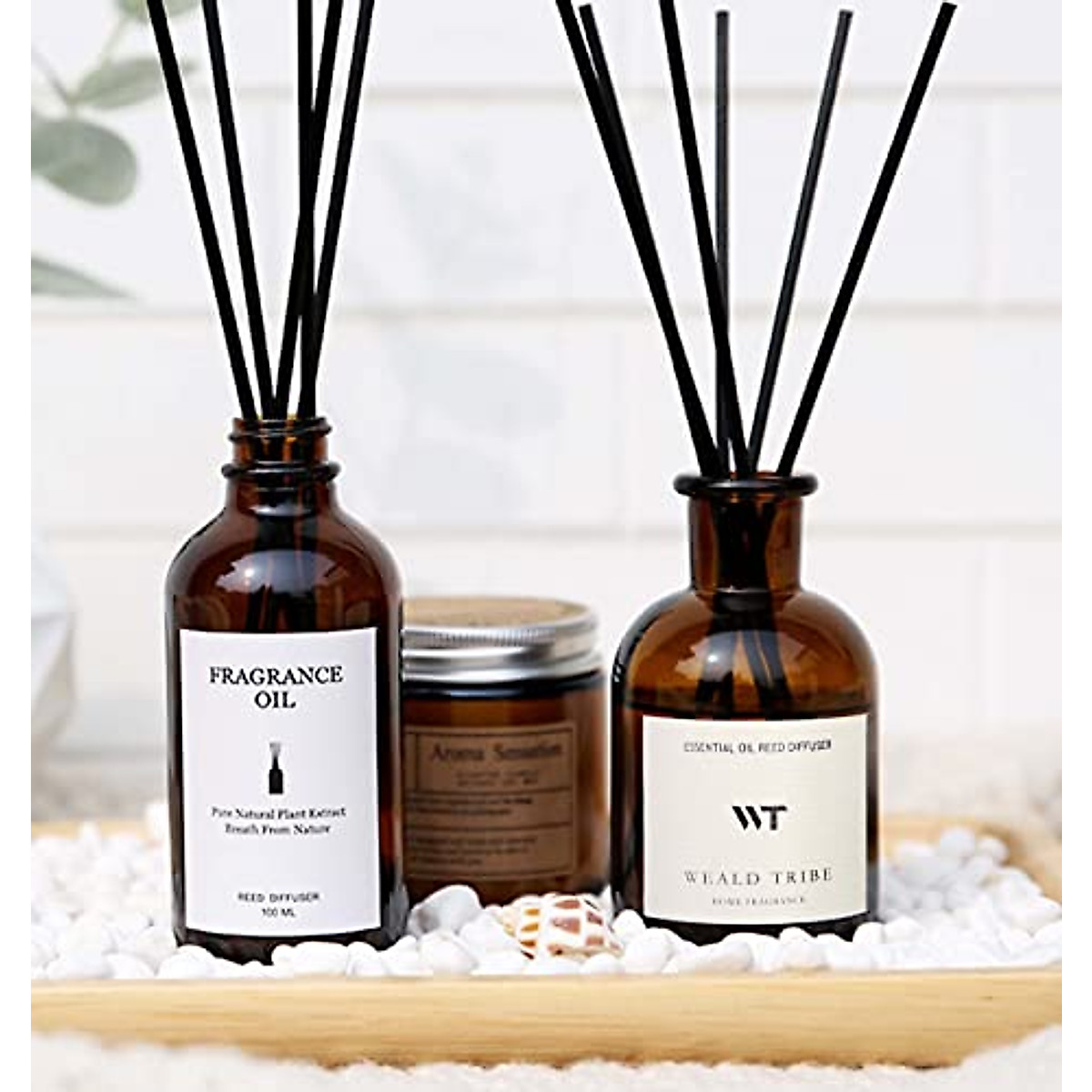 Flower Reed Diffuser Set Eucalyptus & Lavender Scent for Bathroom Accessories Shelf Decor & Air Fresheners, Sticks Defusers with 4.0 fl oz Essential Oils & Leaves, House Bedroom Office Decor & Gifts
