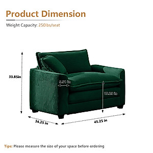 mikibama Luxury Modular Sectional Sofa Chair, 45 Inch Modern Corduroy Comfy Cloud Couches for Living Room Office Bedroom, Deep Sofa Chair with 1 Toss Pillows, Green