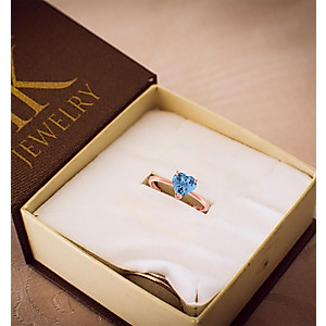 Takar Solid 14k Gold Solitaire Heart-Shaped Genuine Blue Topaz Ring, Heart Promise Ring For Women, Heart Gold Jewelry Birthstone Gift for Her MADE IN USA.